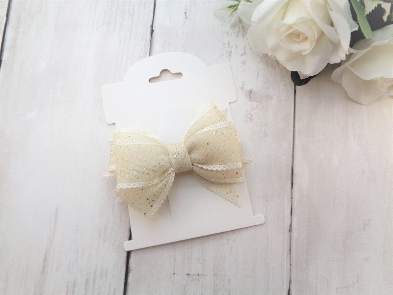 Cream Organza Hair Bow, Sparkle Mesh Ribbon Hair Bow, Sheer Ribbon Hair ...