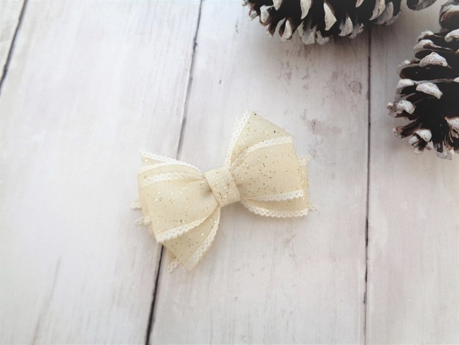 Cream Organza Hair Bow, Sparkle Mesh Ribbon Hair Bow, Sheer Ribbon Hair ...