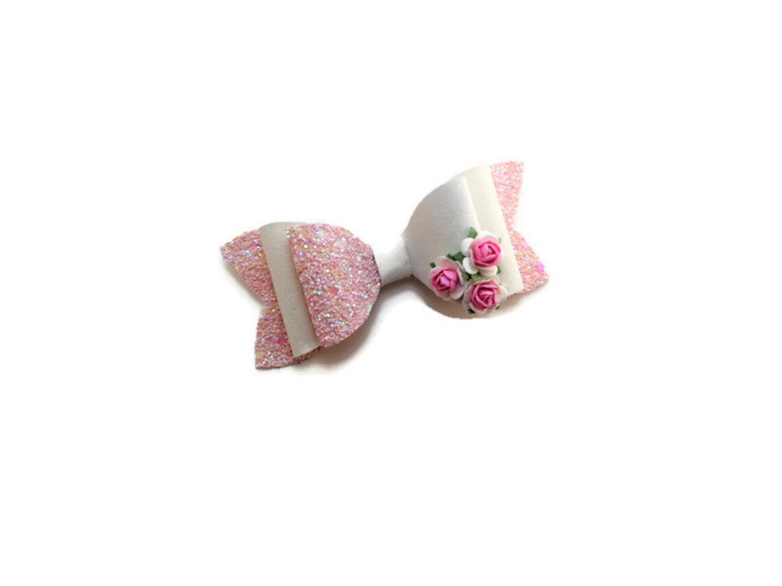 Pink Flower Embellished Hair Bow, Pink Glitter Bow - Etsy