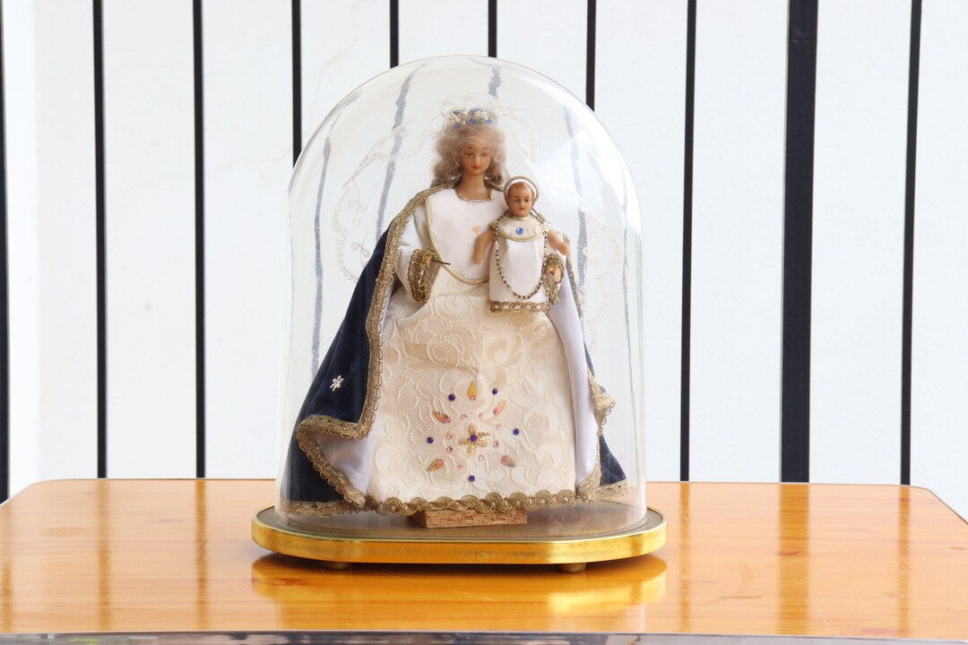 Antique Virgin and Child Jesus Wax Under Glass Bell Jar 15.35 - Etsy