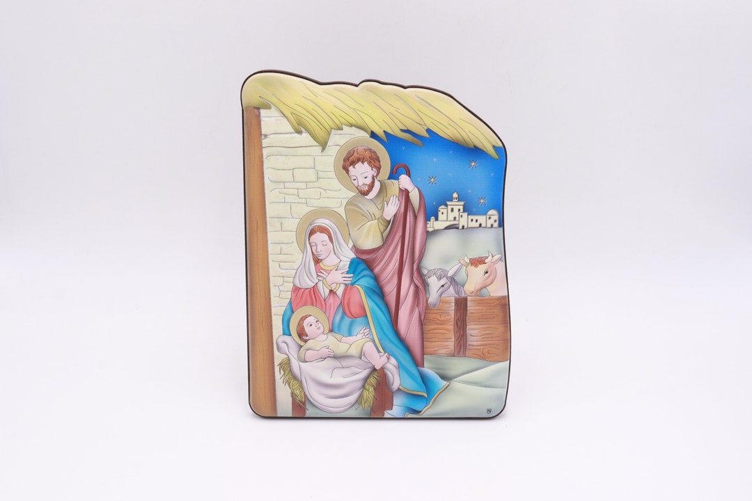 Nativity Icon Christmas Jesus Mary Scene Joseph Baby Wood Silver Wall 2 ...