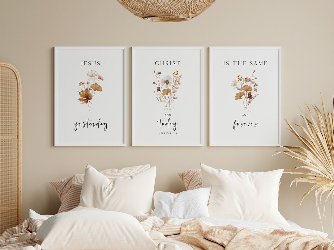 Floral Christian LARGE PRINT Wall Art, Hebrews 13:8, Set of 3 Bible ...