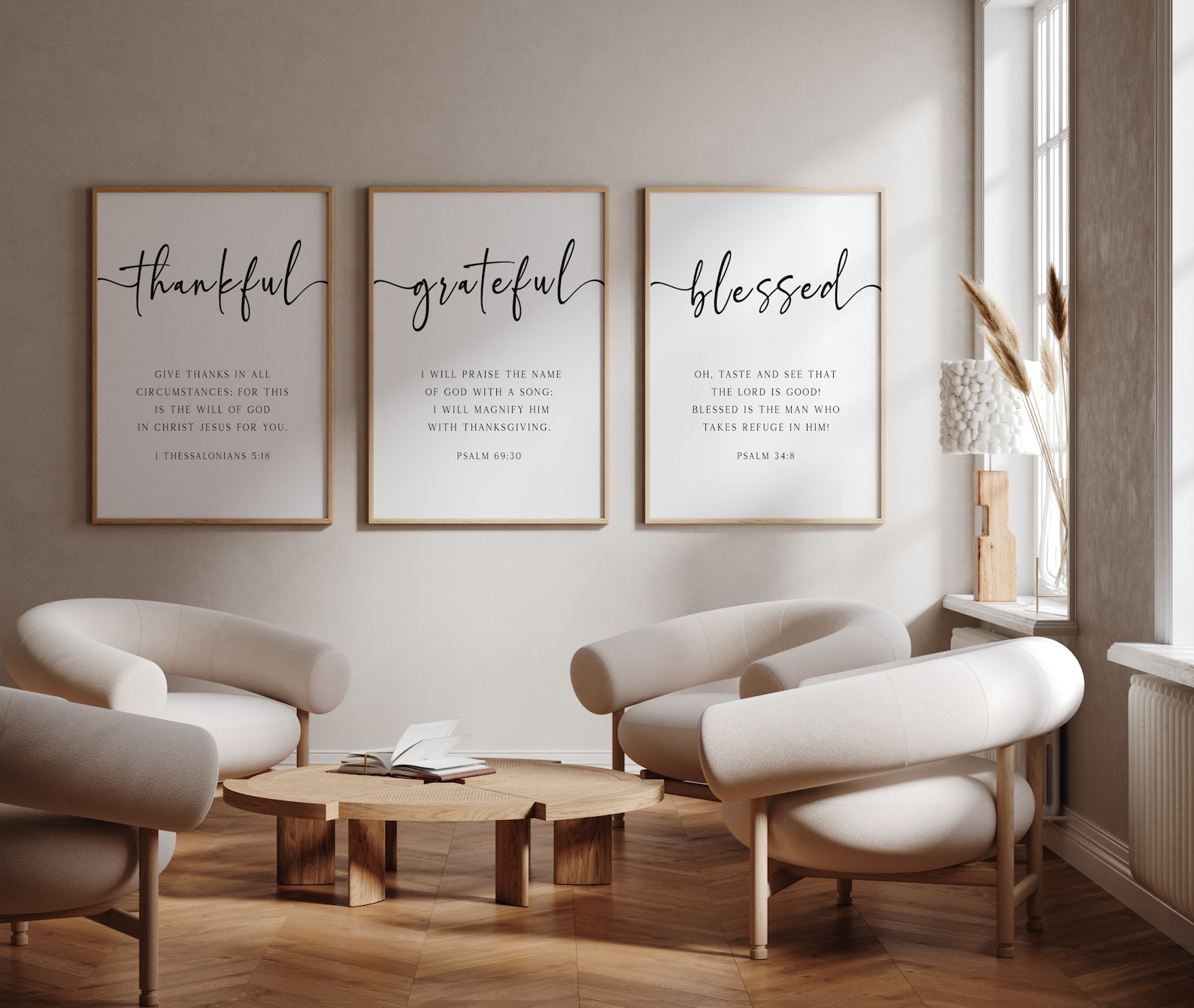 Thankful Grateful Blessed - Set of 3 Christian Wall Art, Large Print ...