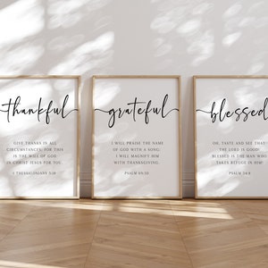 Thankful Grateful Blessed - Set of 3 Christian Wall Art, Large Print ...