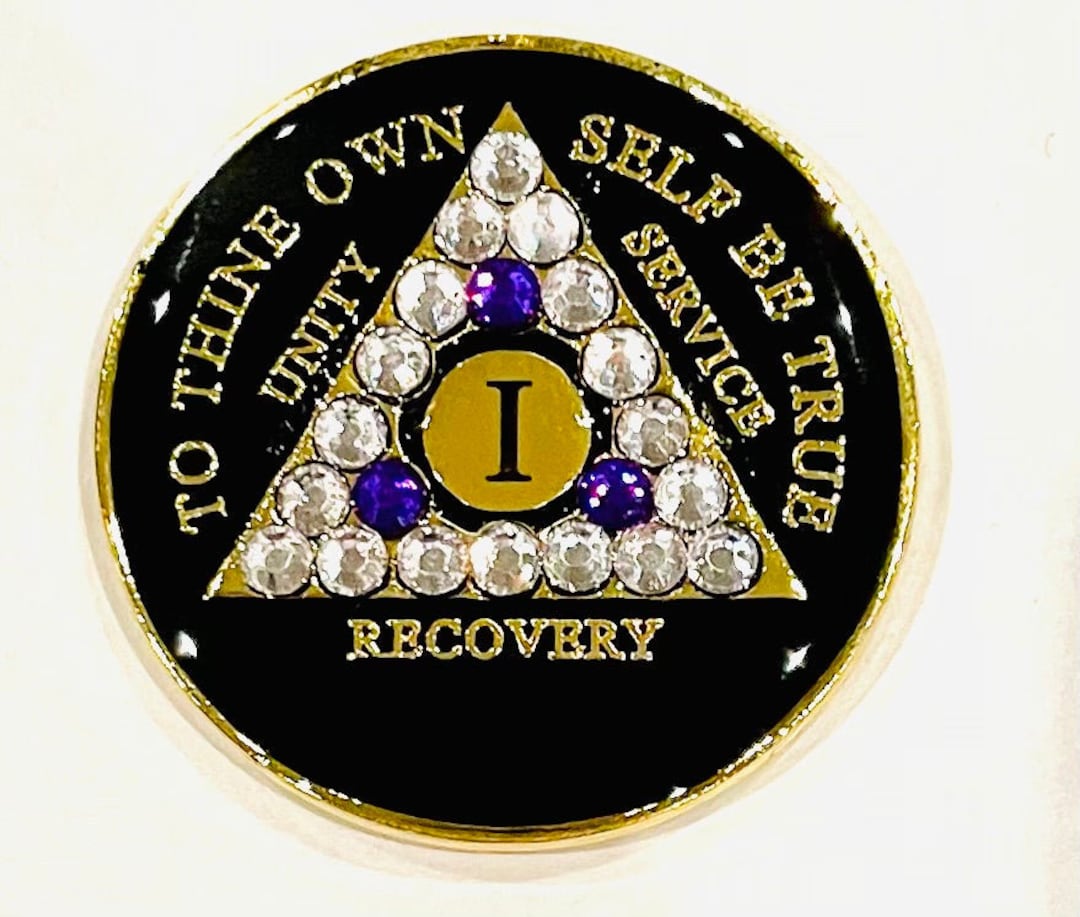 Sobriety Recovery Medallion AA Chip Black Enamel Purple and Diamond ...