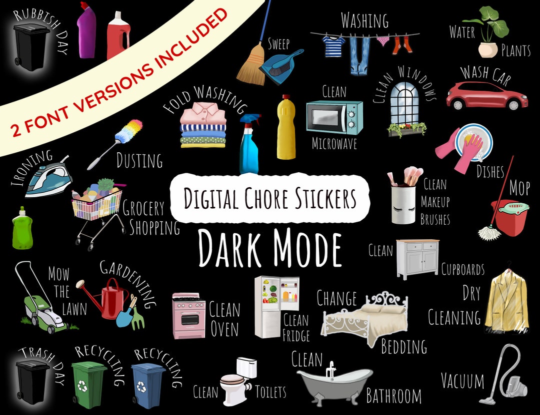 Chores Dark Mode DIGITAL PLANNER Stickers Bundle Pack, PNG, Goodnotes ...