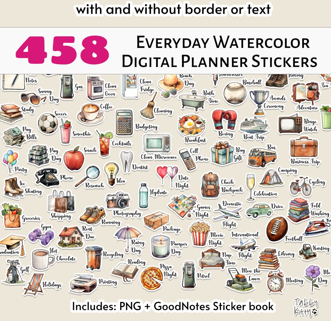 Everyday Life Watercolor DIGITAL PLANNER Stickers Bundle Pack, PNG ...
