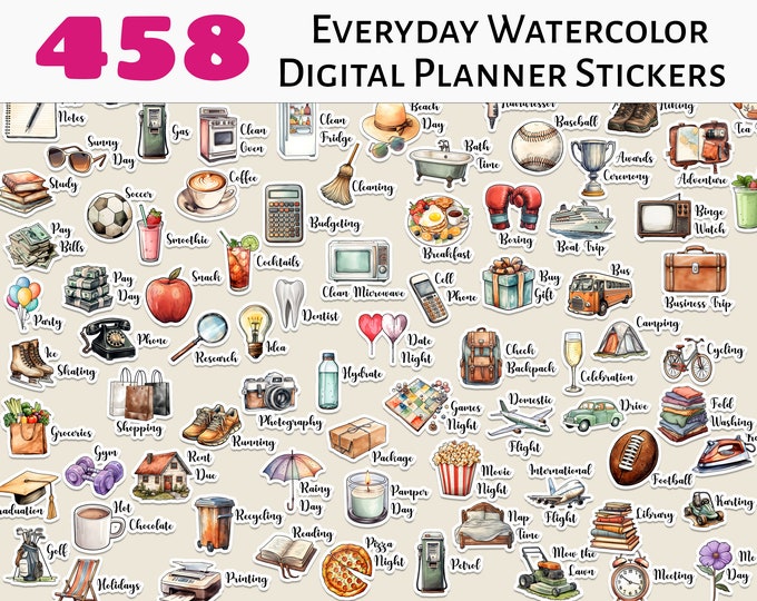 Everyday Life Watercolor DIGITAL PLANNER Stickers Bundle Pack, PNG ...