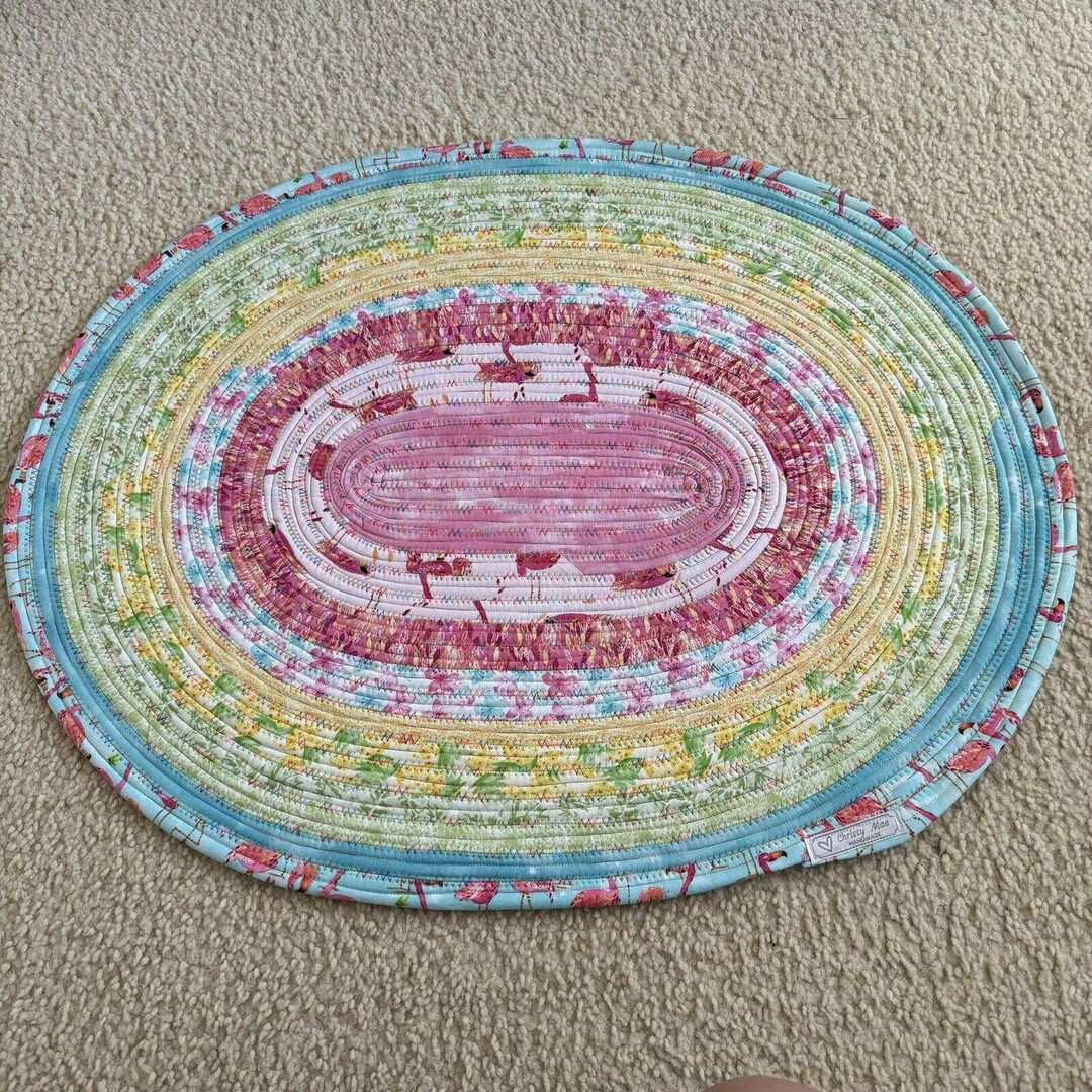 Jelly Roll Rug, Fabric Strip Rug, Flamingo Theme, Blue, Yellow Approx ...