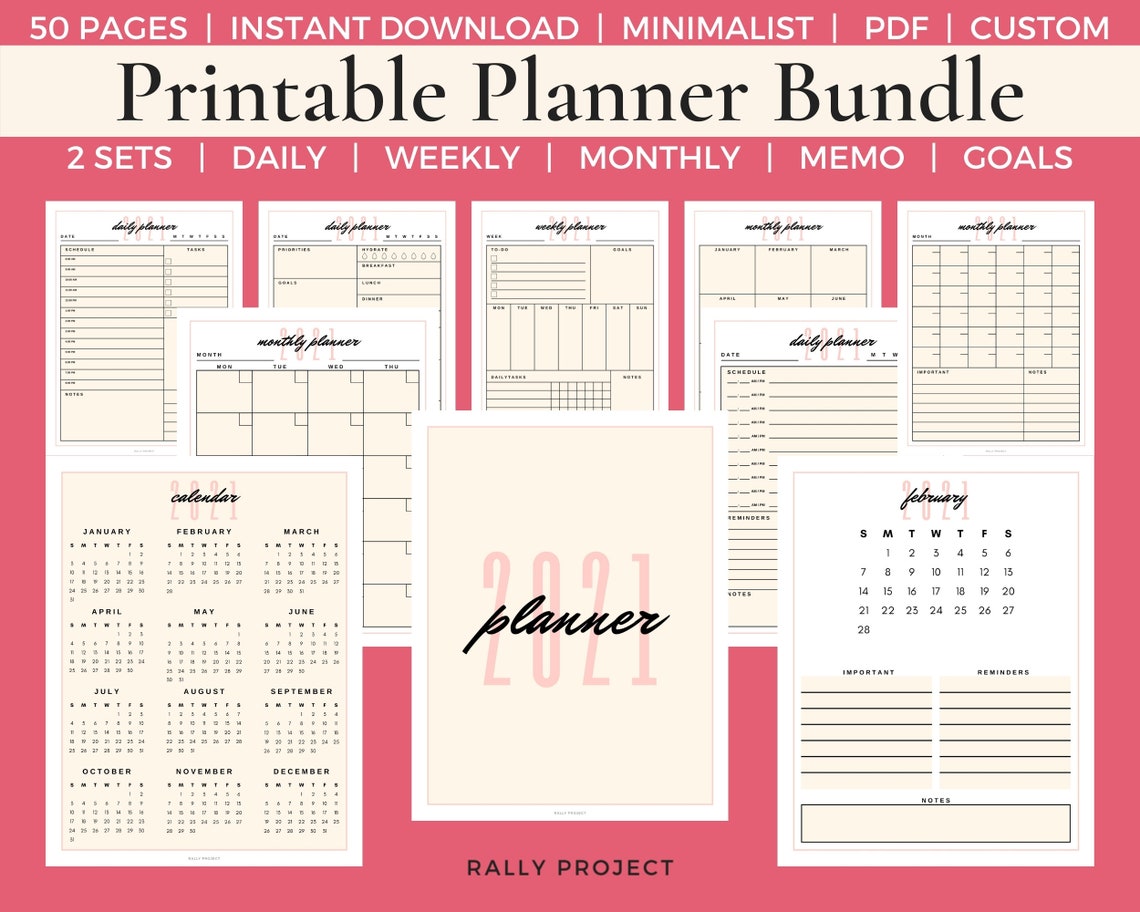 Printable Daily Weekly Monthly Planner 2021 Planner Download Minimalist ...
