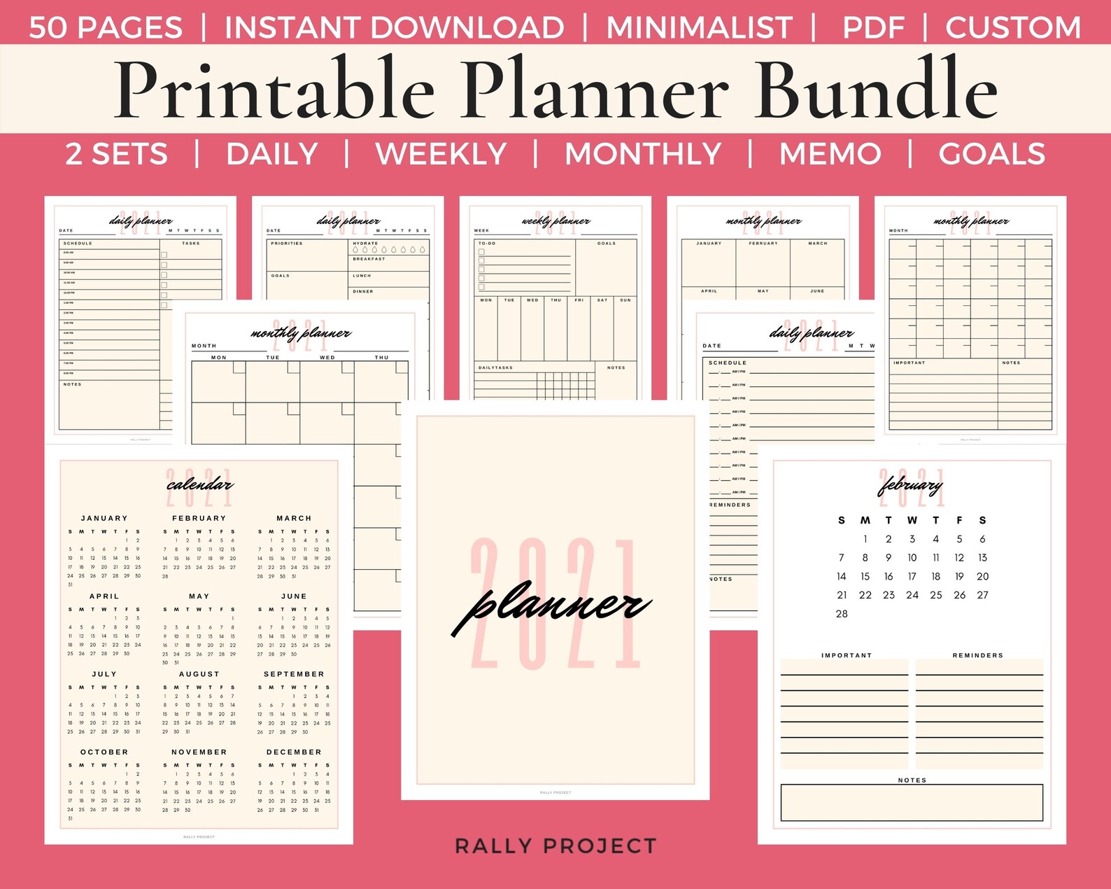 Printable Daily Weekly Monthly Planner 2021 Planner Download Minimalist ...