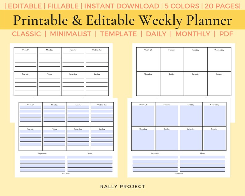Editable Printable Weekly Planner Fillable Planner Digital Download ...