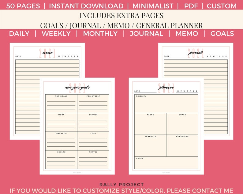 Printable Daily Weekly Monthly Planner 2021 Planner Download Minimalist ...