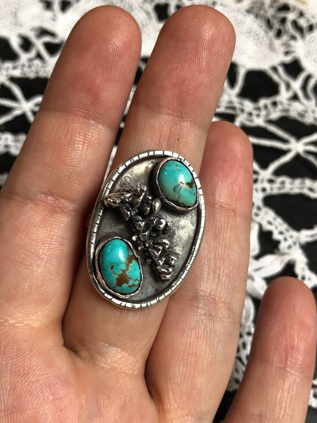 Vintage Old Pawn Native American Double Turquoise Stone Shadow Box ...