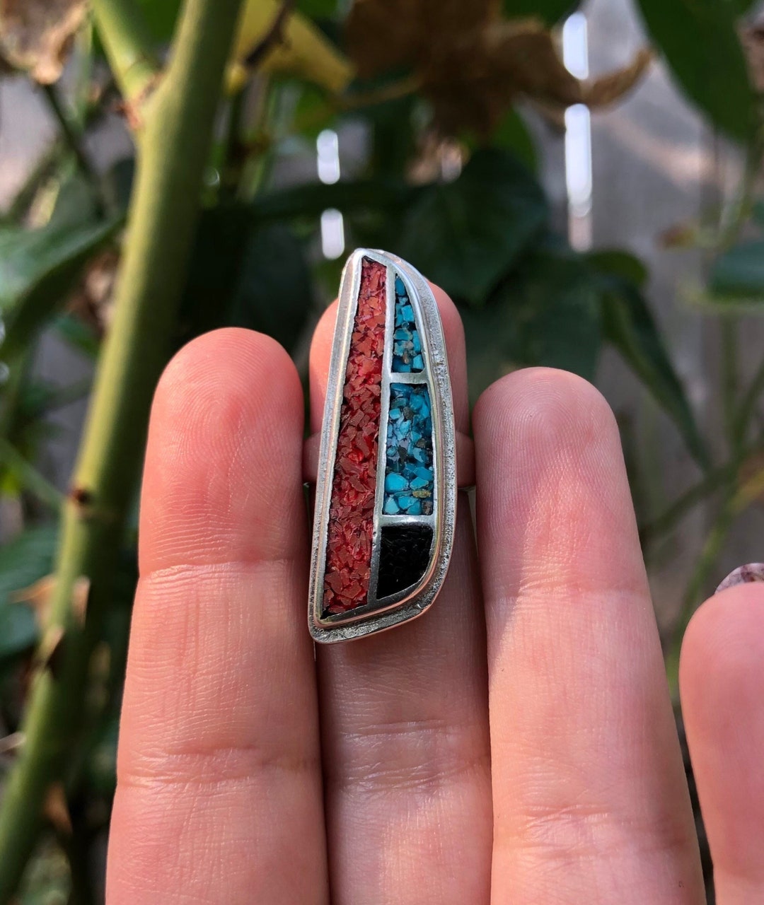 Vintage Native American Multi Stone Turquoise, Coral and Onyx Inlay ...