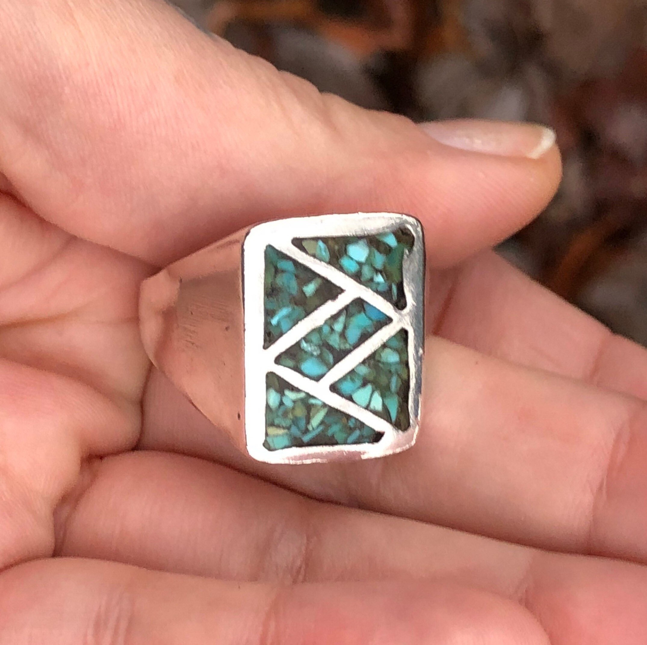Vintage Native American Dark Turquoise Stone Inlay + Sterling Silver ...