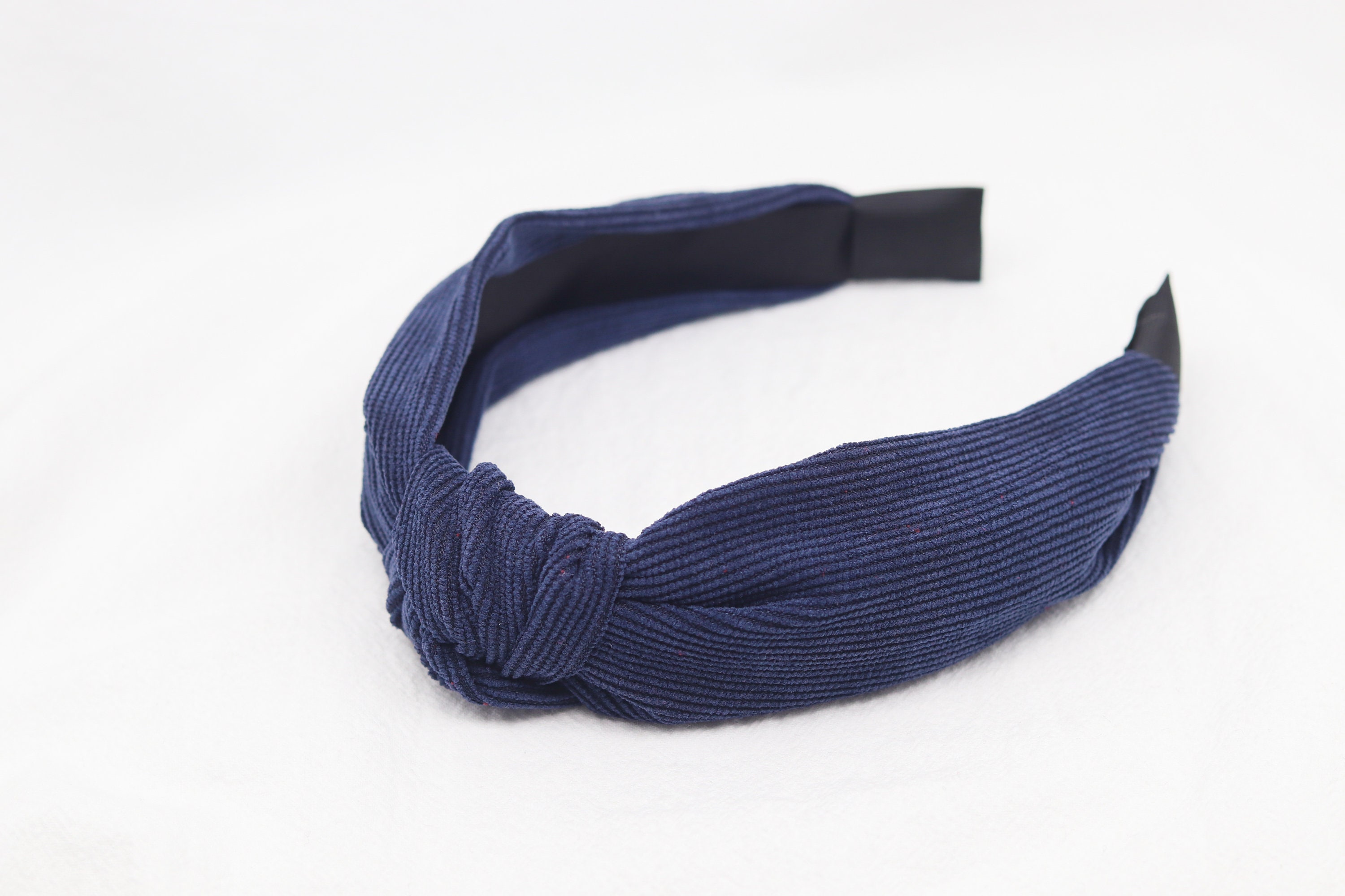 Womens Navy Blue Corduroy Fabric Headband Twist Hairband Knitted