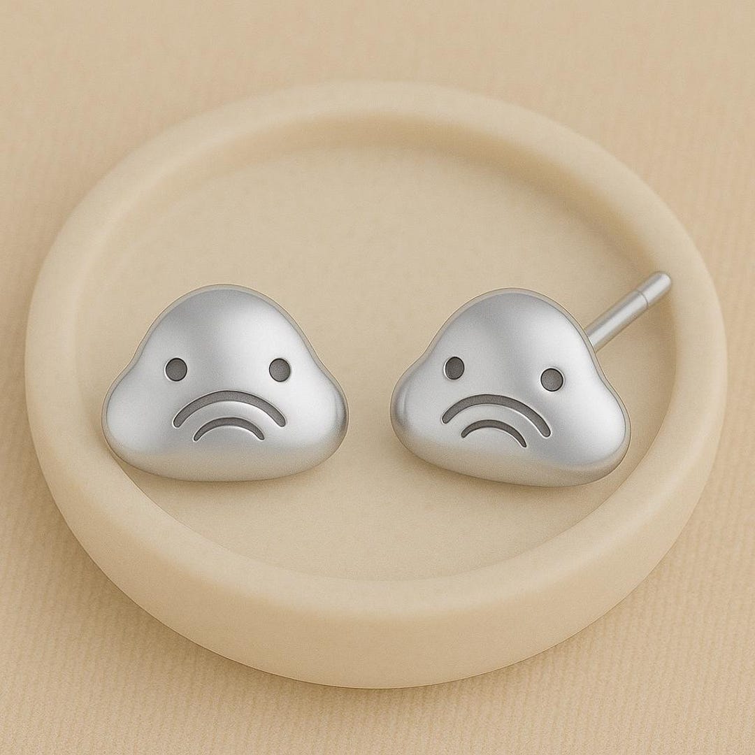 Sad Face Stud 925 Silver | Blob Emoji Jewelry | Minimalist Kawaii Studs ...