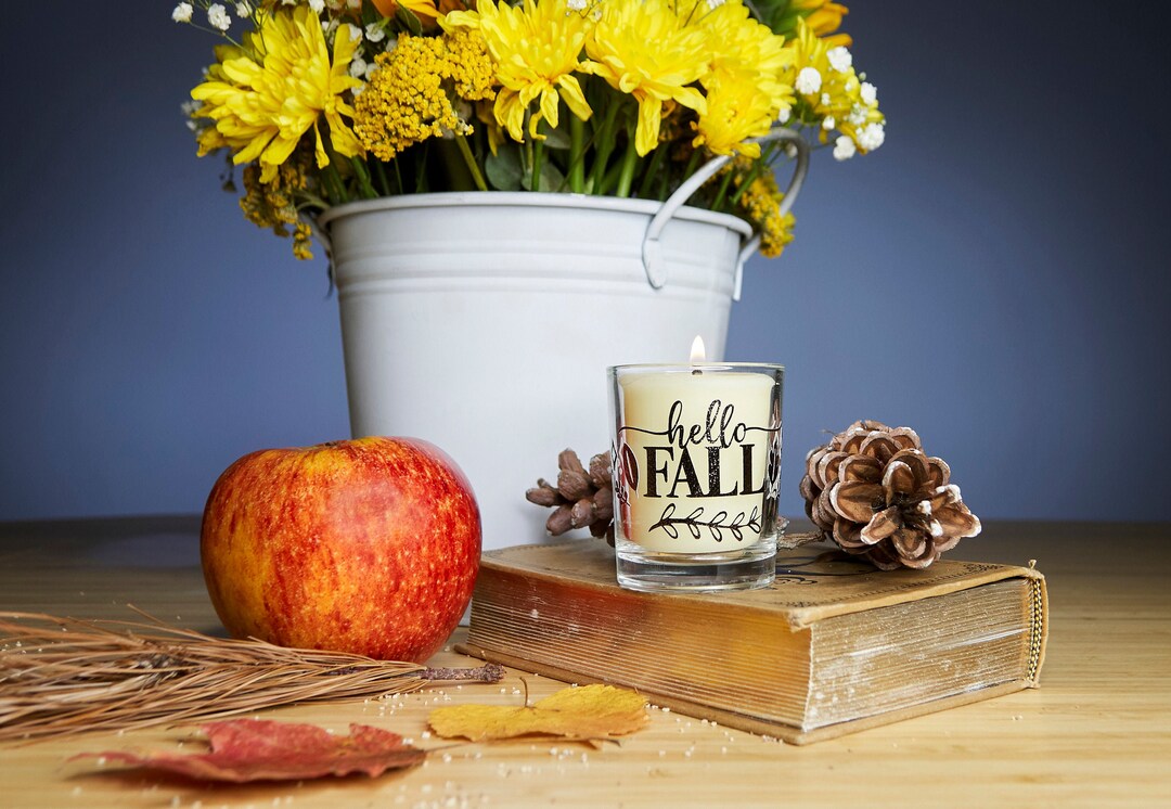 Hello Fall Candle Holder With 100% Beeswax Candle, Autumn Decor, Glass ...
