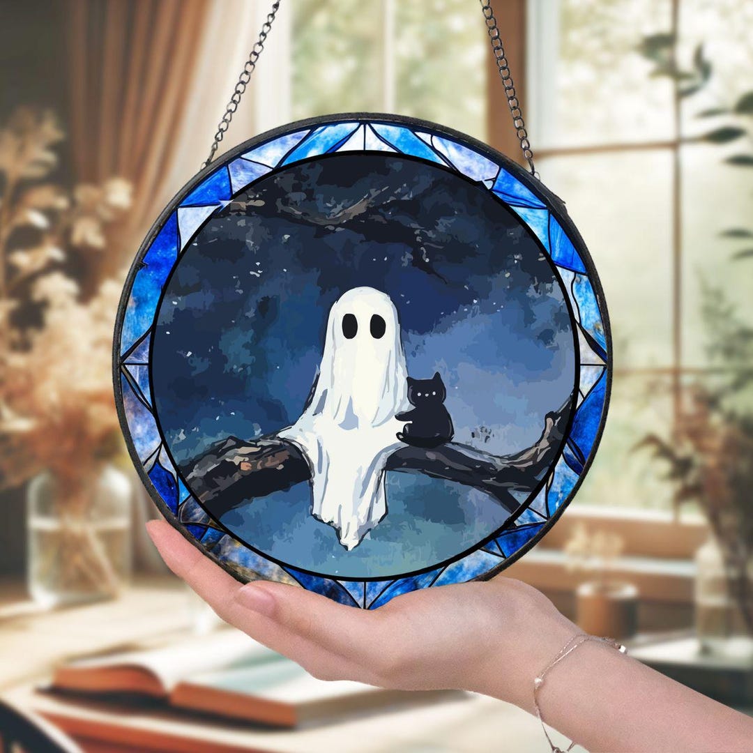 Handcrafted Ghost & Cat Glass Suncatcher, Cozy Halloween Window Art ...