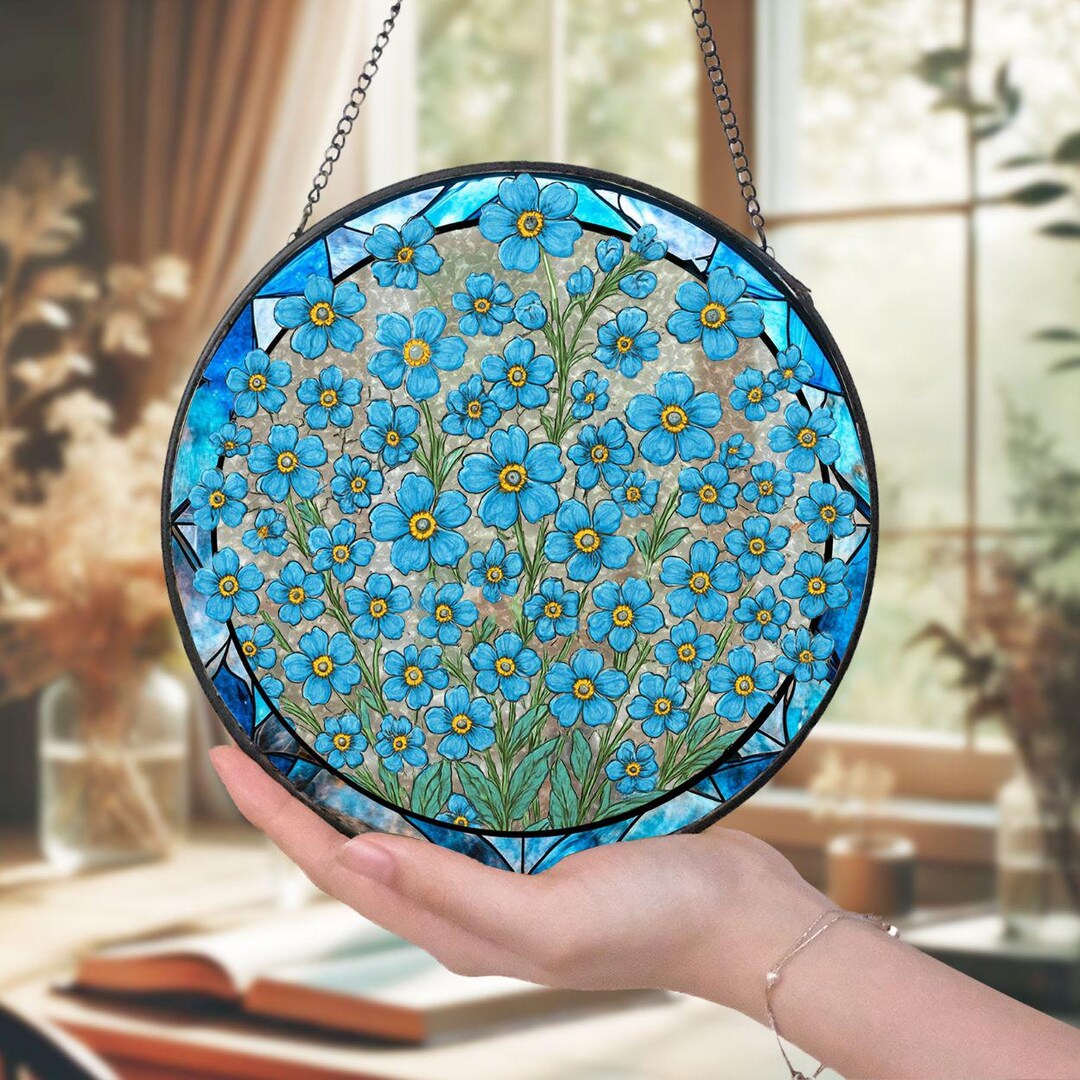 Handcrafted Forget Me Not Glass Suncatcher, Floral Blue Window Art for ...