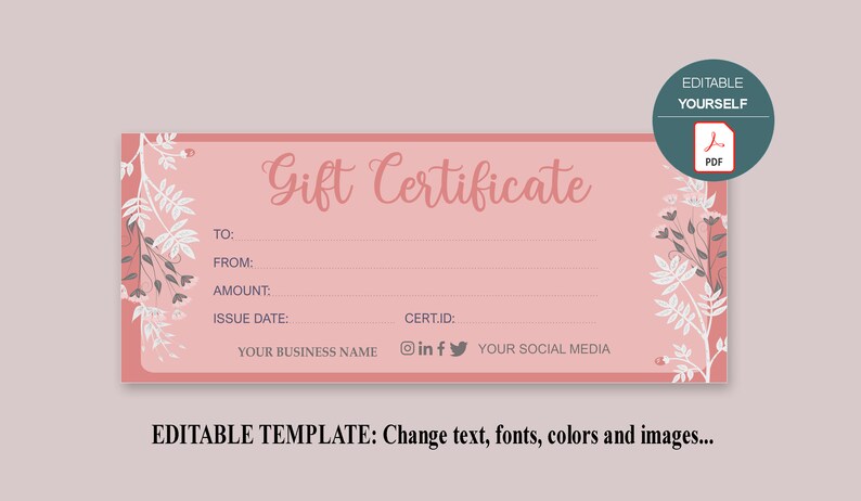Pink Floral Gift Certificate Templates Gift Certificate - Etsy