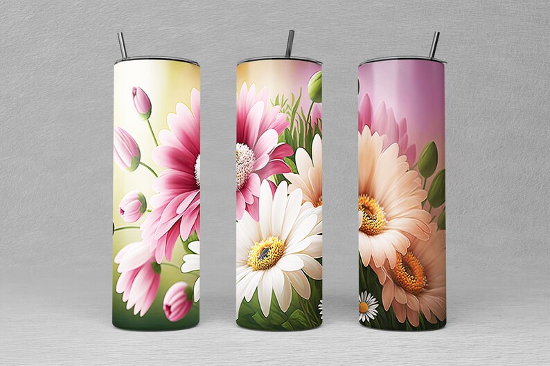 3d Pink Daisies Tulips 20 Oz Skinny Tumbler Sublimation Etsy