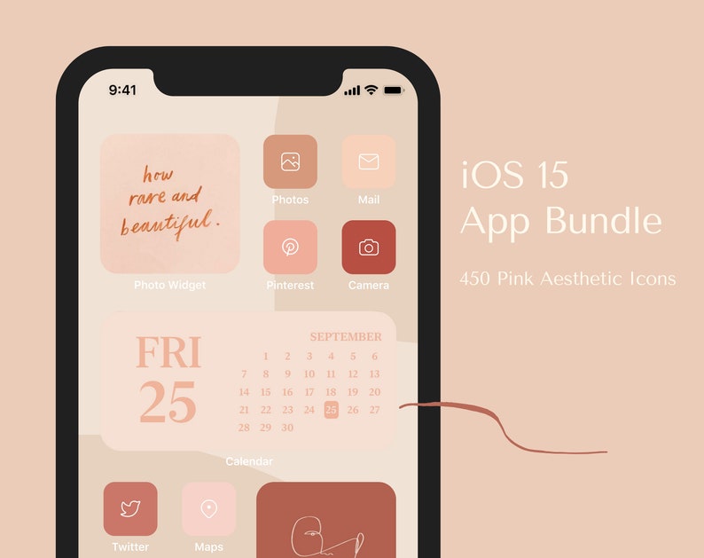 Pink Theme Ios 15 App Icons 450 Minimalist Icons Pink Aesthetic for ...
