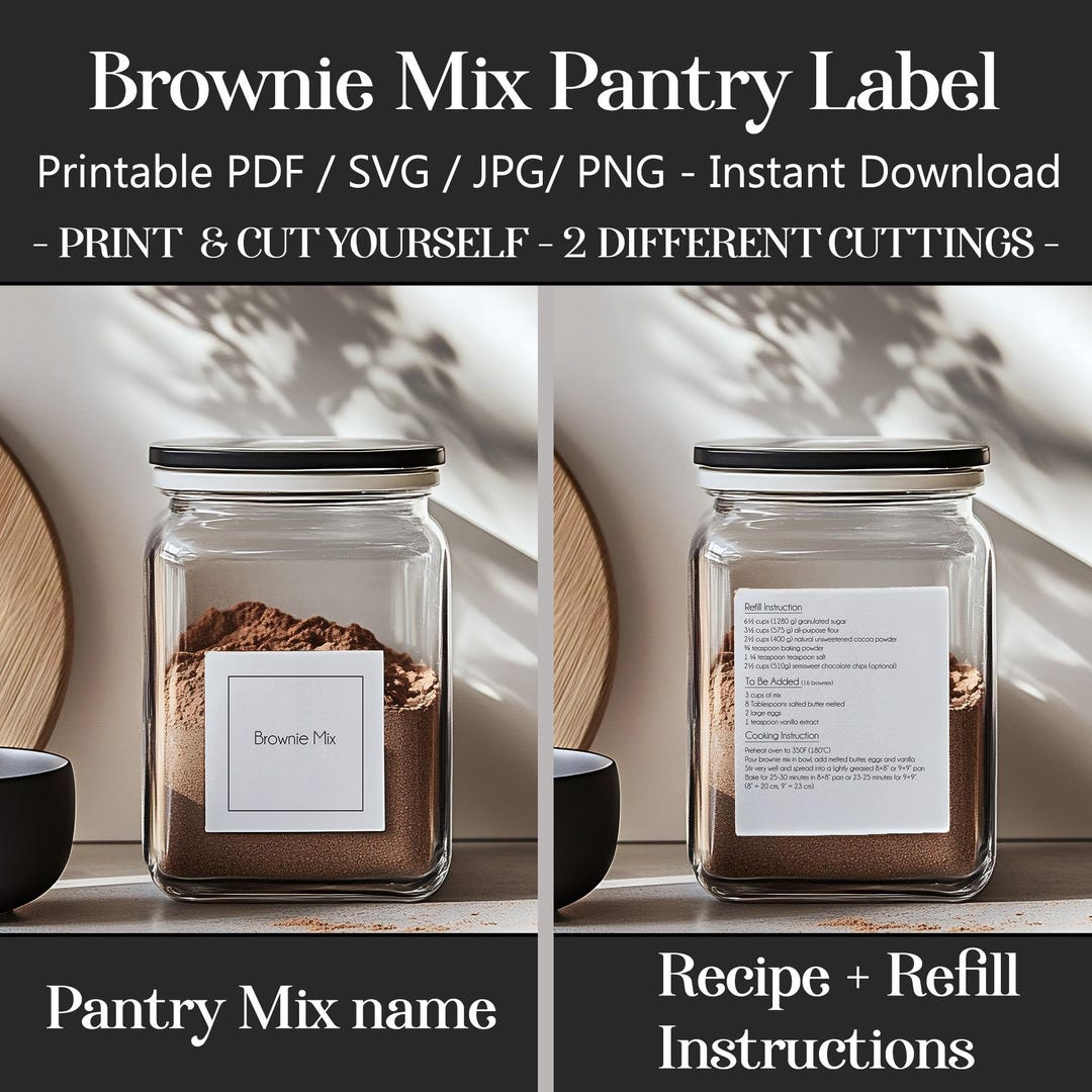 Printable Brownie Mix Labels Recipe & Refill, 2-in-1 Pantry Stickers ...