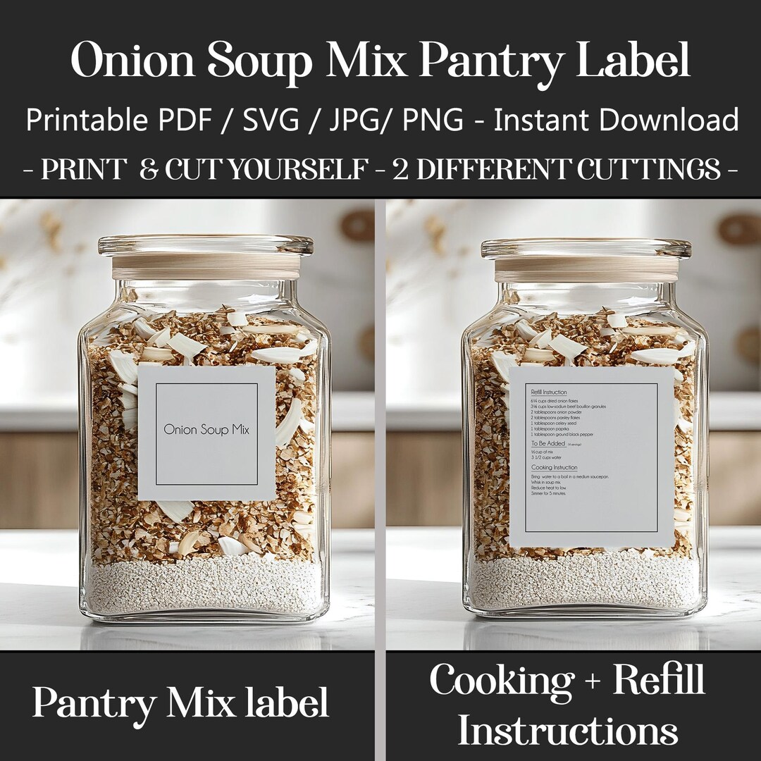 Printable Onion Soup Mix Labels Recipe & Refill, 2-in-1 Pantry Stickers ...