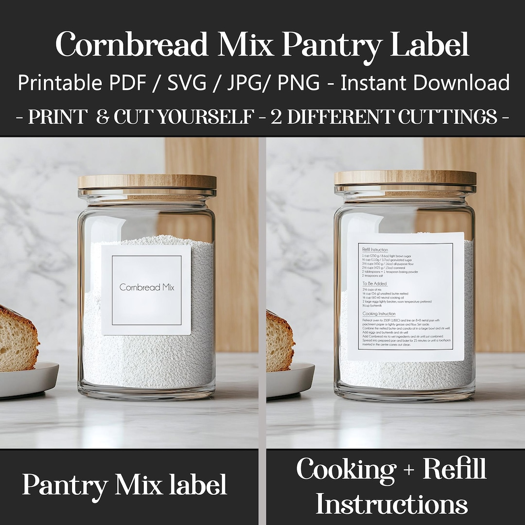 Printable Cornbread Mix Labels Recipe & Refill, 2-in-1 Pantry Stickers ...