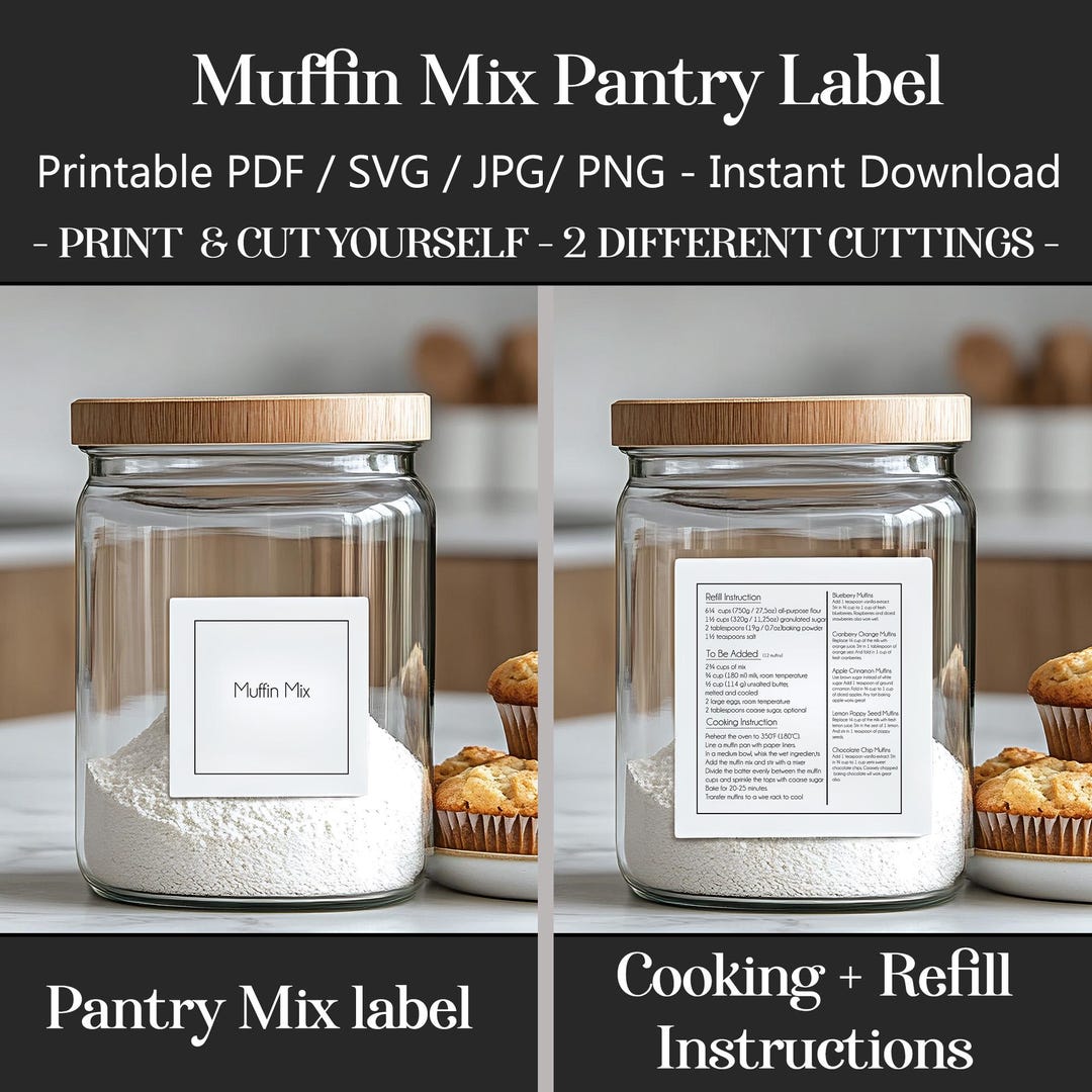 Printable Muffin Mix Labels Recipe & Refill, 2-in-1 Pantry Stickers SVG ...