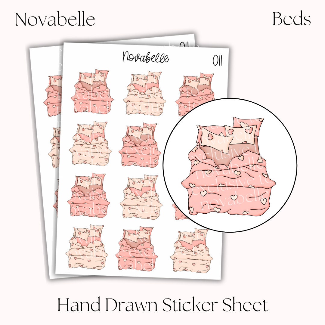Pink Cosy Bed Doodles Hand Drawn Sticker Sheet Novabelle - Etsy