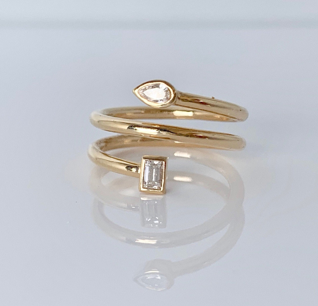 14K Gold and Diamond Wrap Around Ring. 14K Gold and Baguette and Pear ...