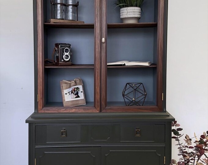 Refinished Hepplewhite Hutch | Dark Forest Green Antique China Cabinet ...