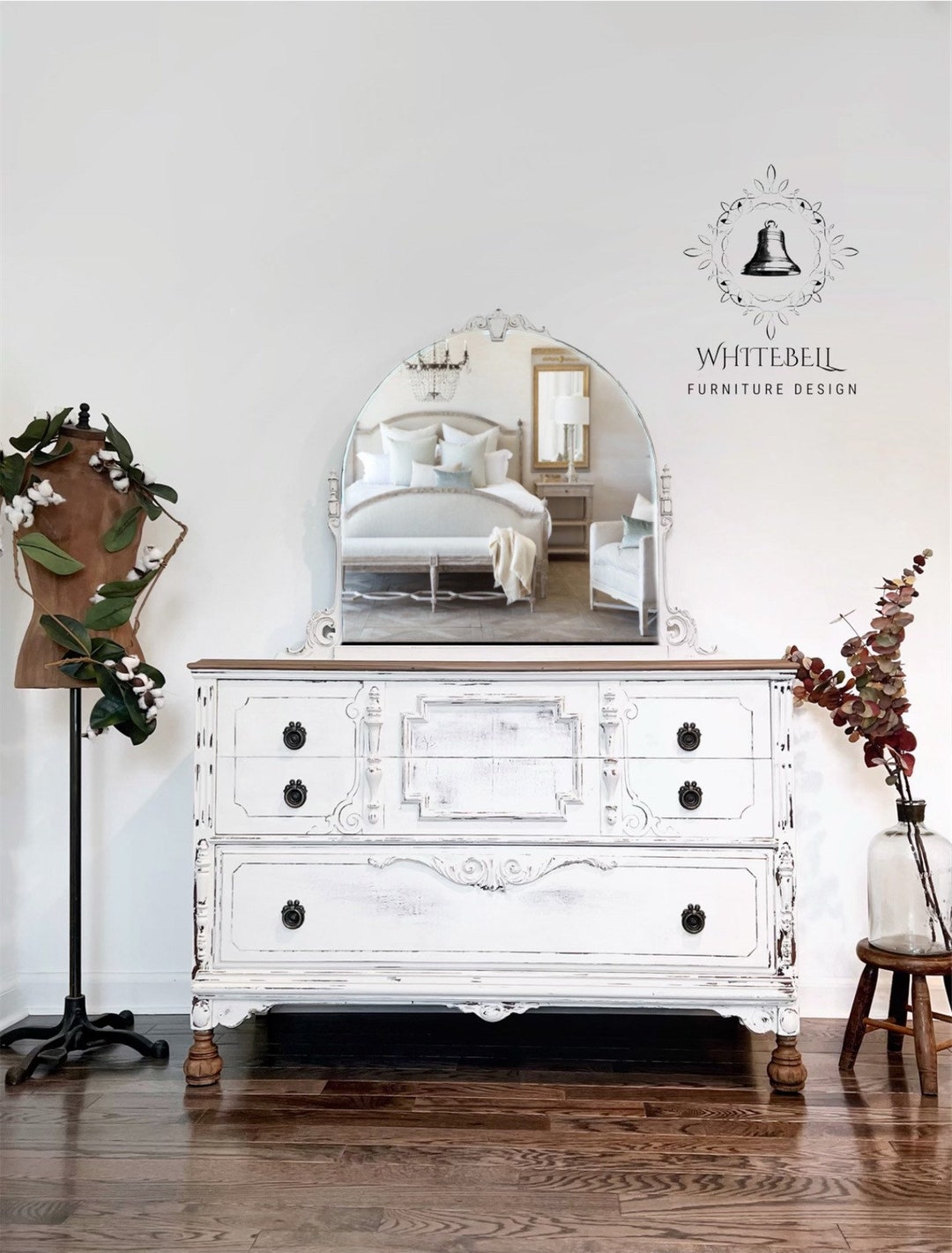 Antique Jacobean Dresser With Mirror: Farmhouse Style, Refinished White ...