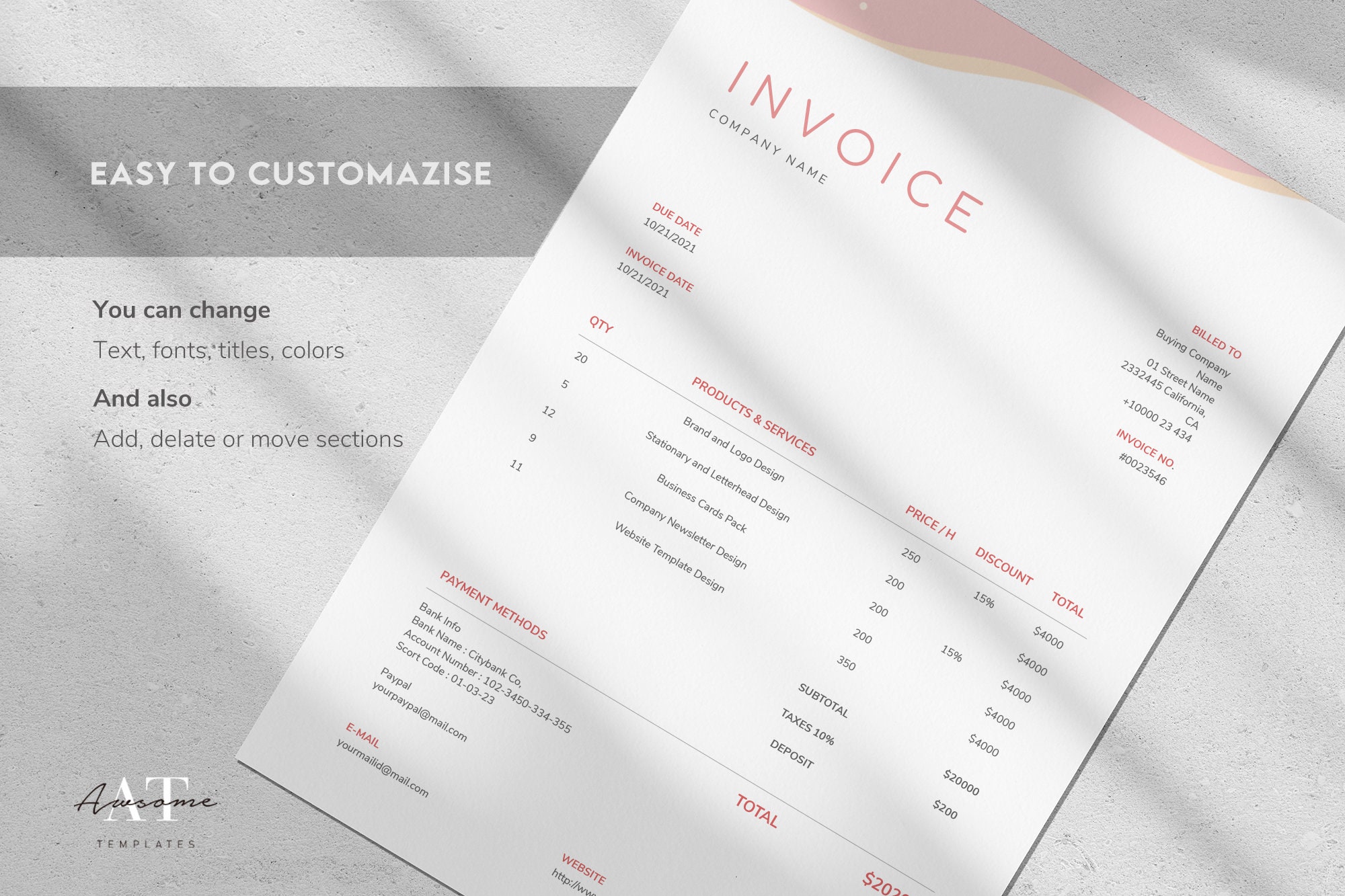 Invoice Template Pink - Printable Invoice, Editable Business Invoice ...