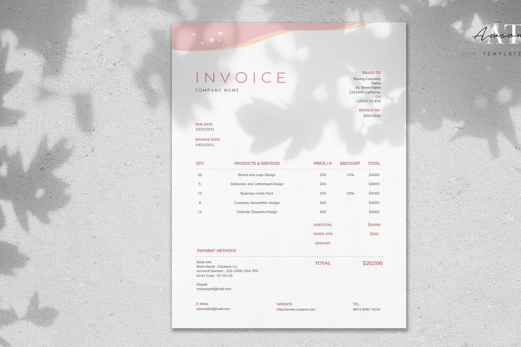 Invoice Template Pink - Printable Invoice, Editable Business Invoice ...