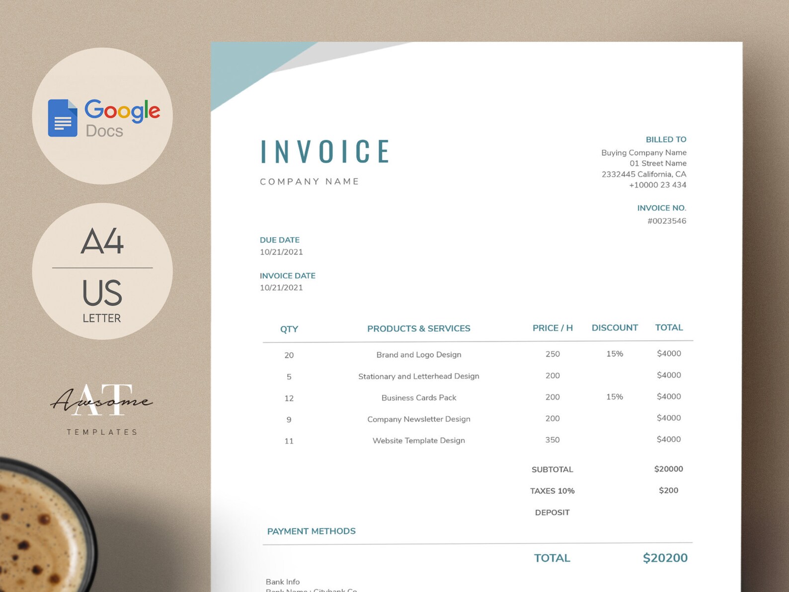 Business Invoice Template Printable Invoice Template Google | Etsy