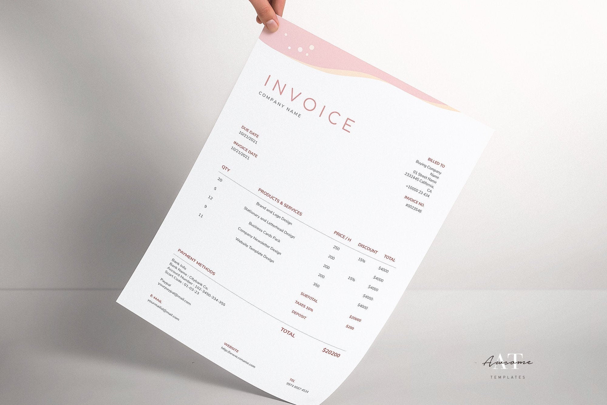 Invoice Template Pink - Printable Invoice, Editable Business Invoice ...