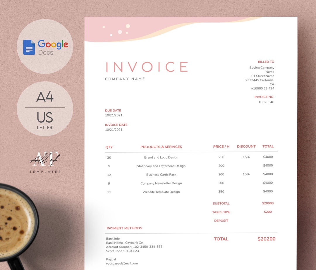 Invoice Template Pink - Printable Invoice, Editable Business Invoice ...