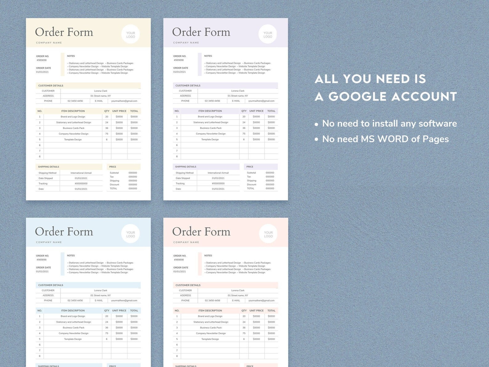 4 Colors Order Form Bundle - Editable Custom Order Form Template ...