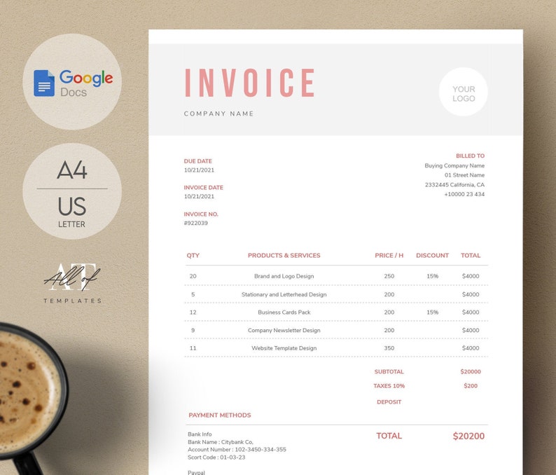 Pink Invoice Template Printable Invoice Editable Business - Etsy