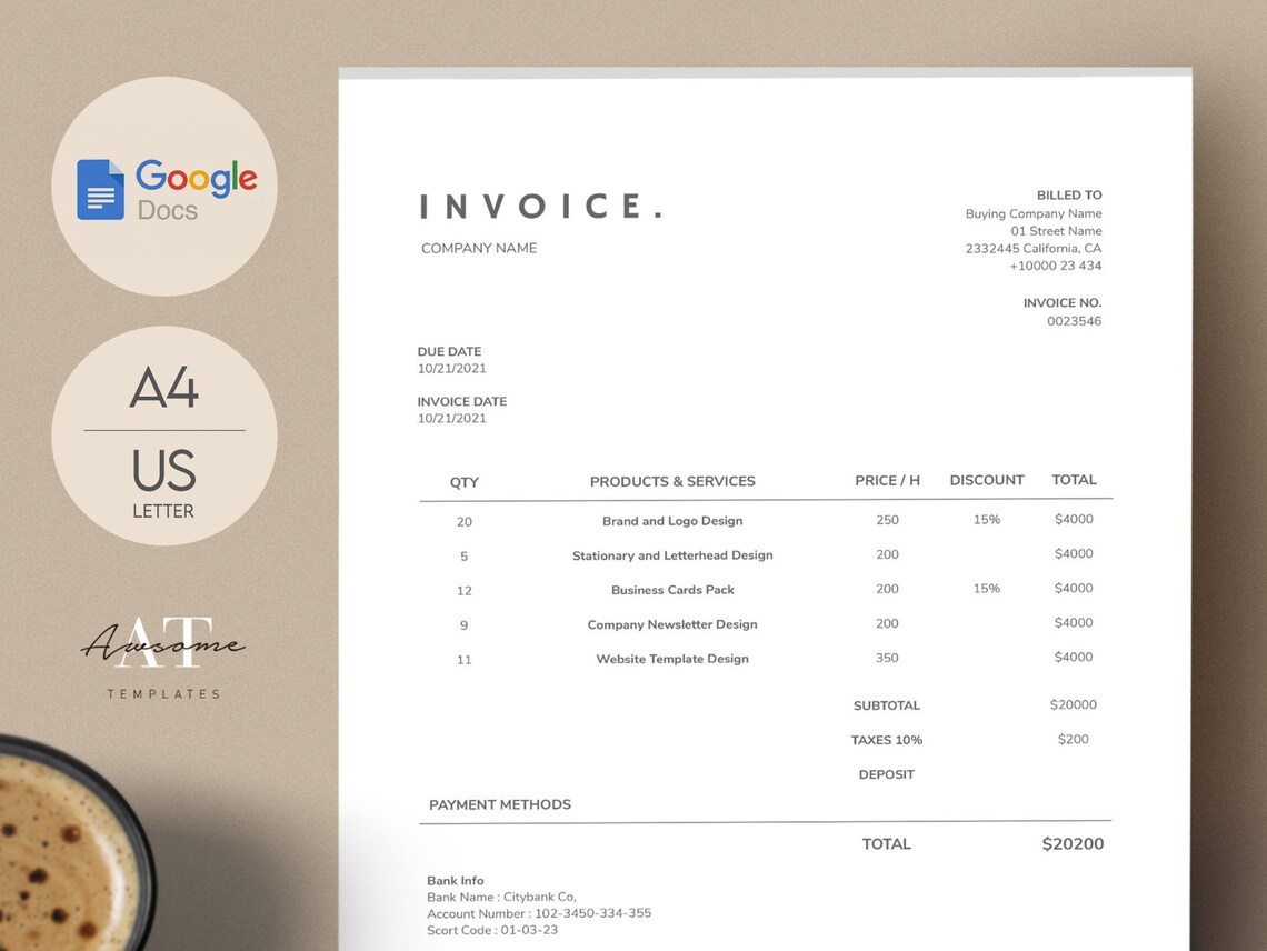 Business Invoice Template Printable Invoice Template Google | Etsy
