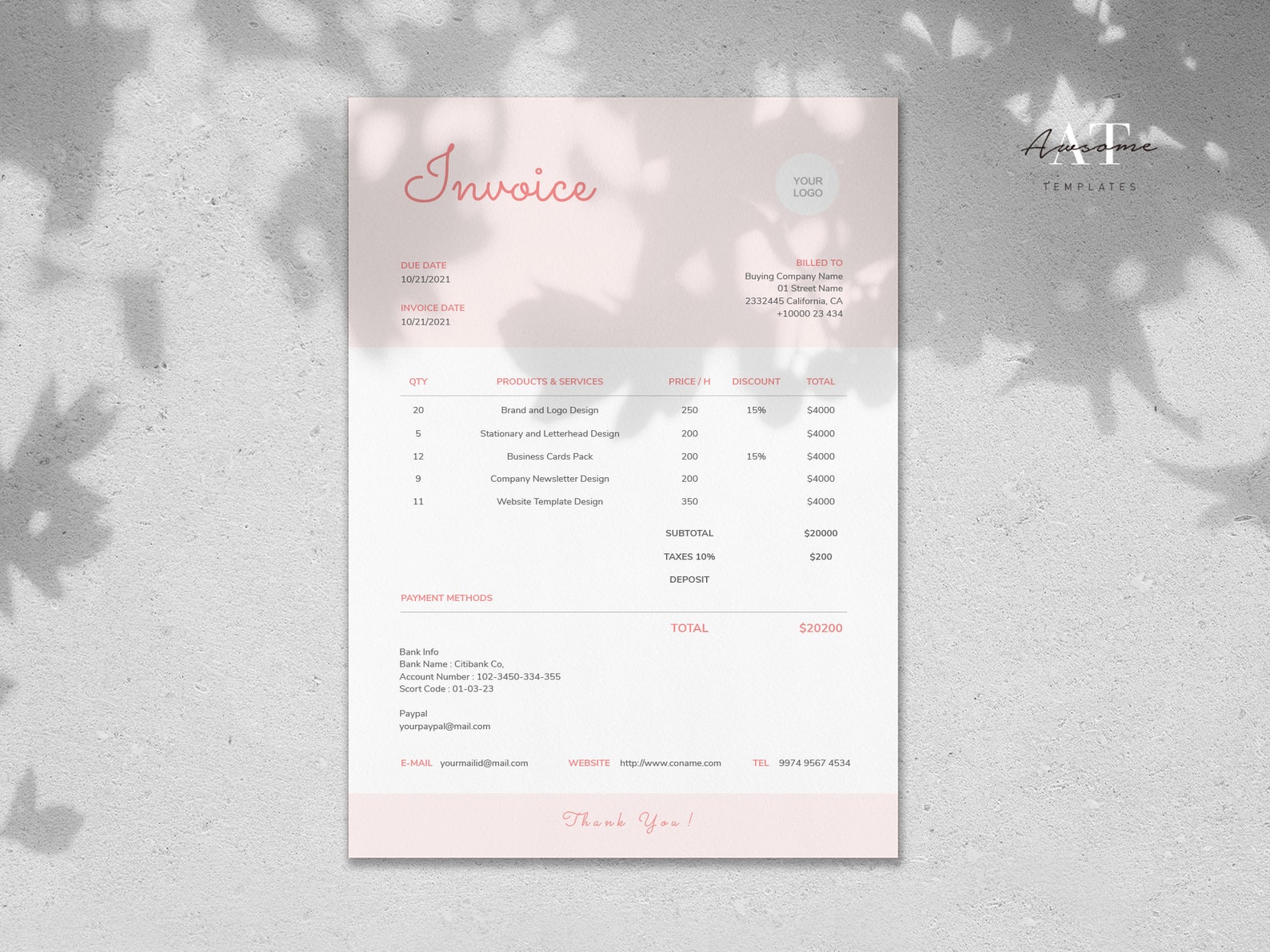 Printable Invoice Template - Business Invoice, Editable Invoice, Modern ...