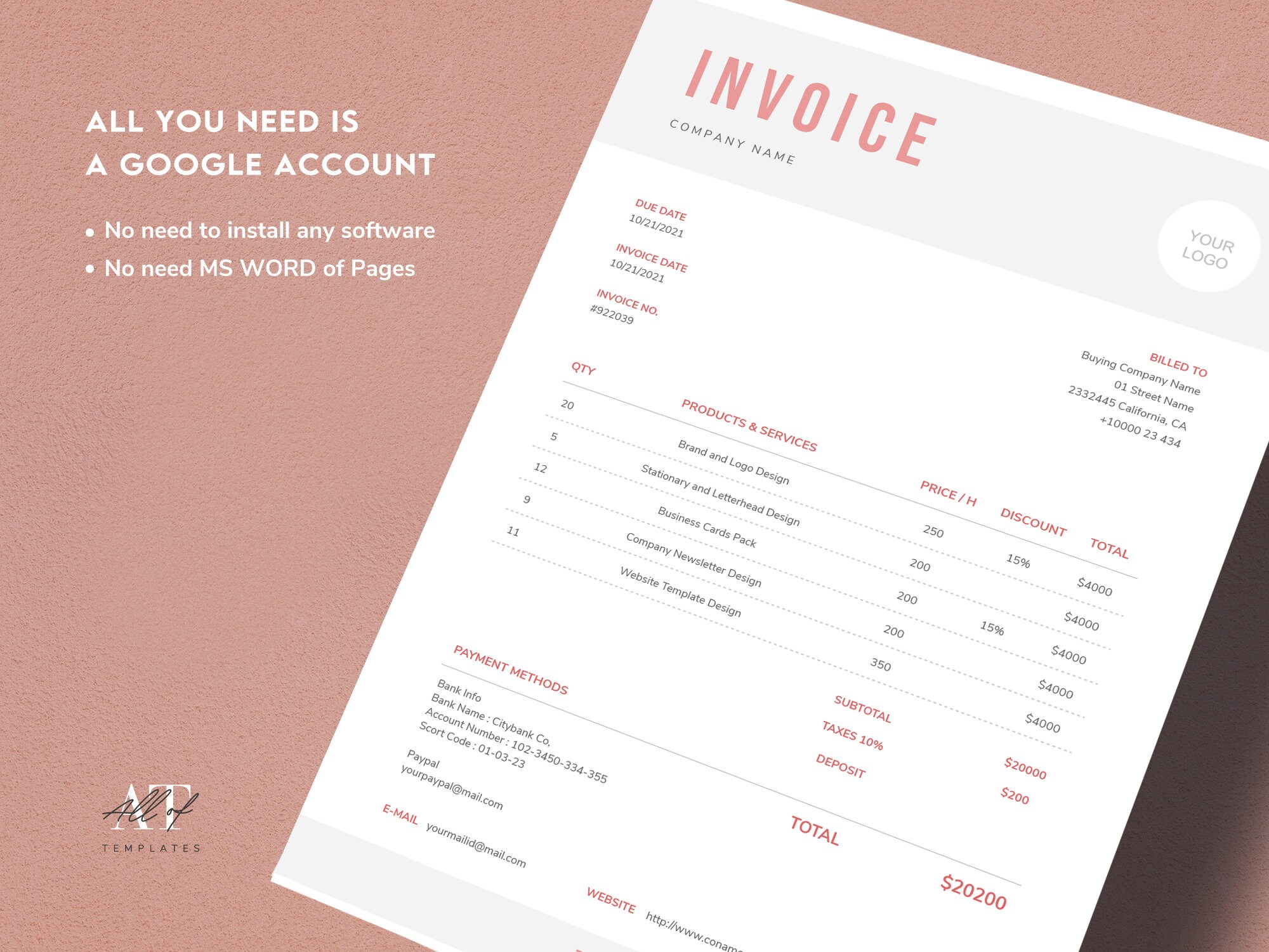 Pink Invoice Template Printable Invoice Editable Business - Etsy Australia