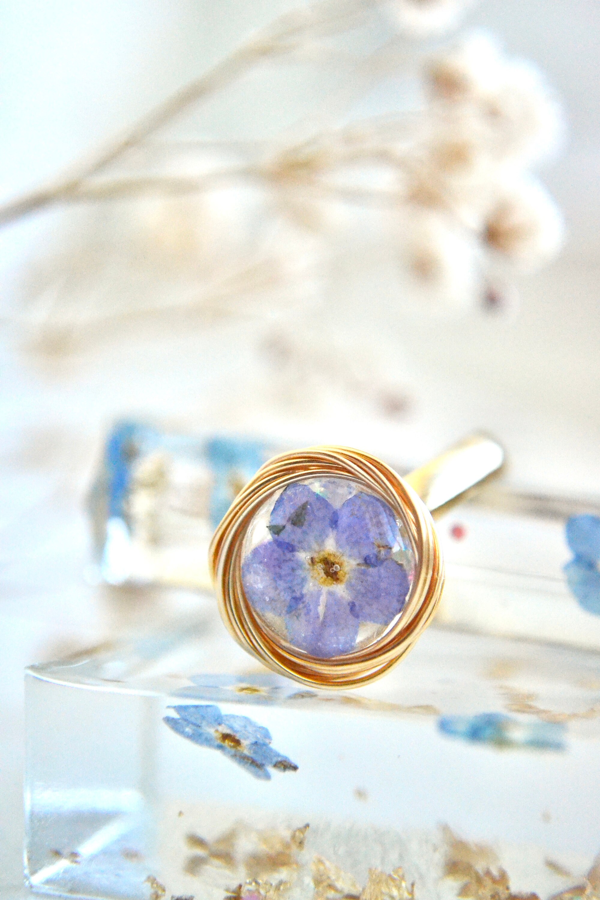 Forget Me Not Wire Wrapped Adjustable Ring, Bird Nest Pressed Flower ...
