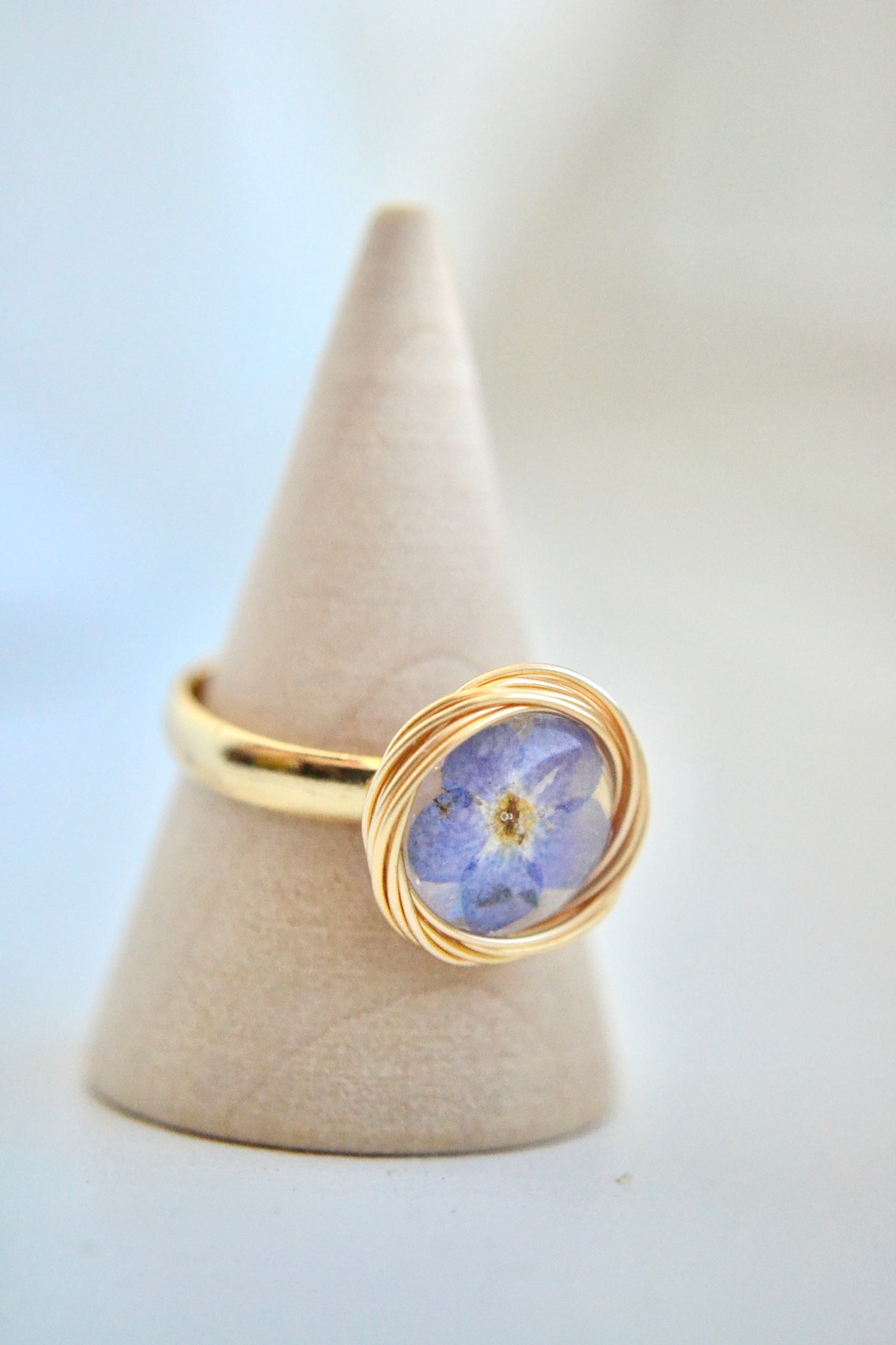 Forget Me Not Wire Wrapped Adjustable Ring, Bird Nest Pressed Flower ...