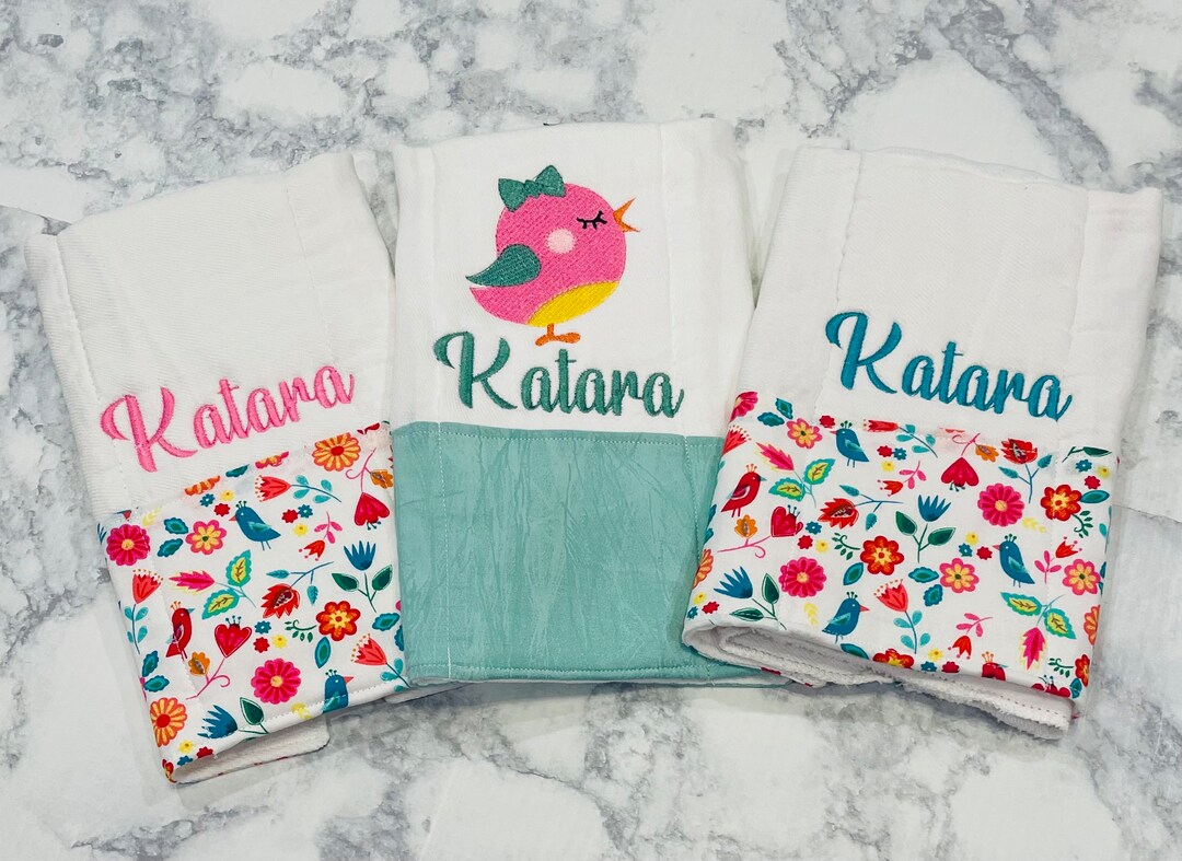 Flowers Birds Baby Burp Cloth/embroidered Burp Cloth/personalized Burp ...