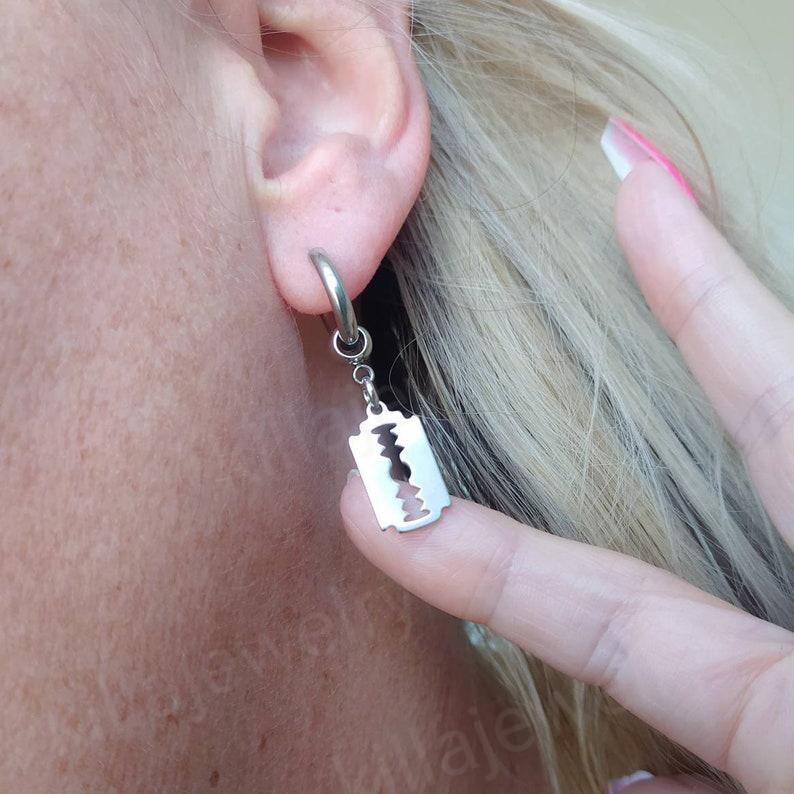 Razor Blade Huggie Hoop Earrings: Stainless Steel Punk Jewelry - Etsy